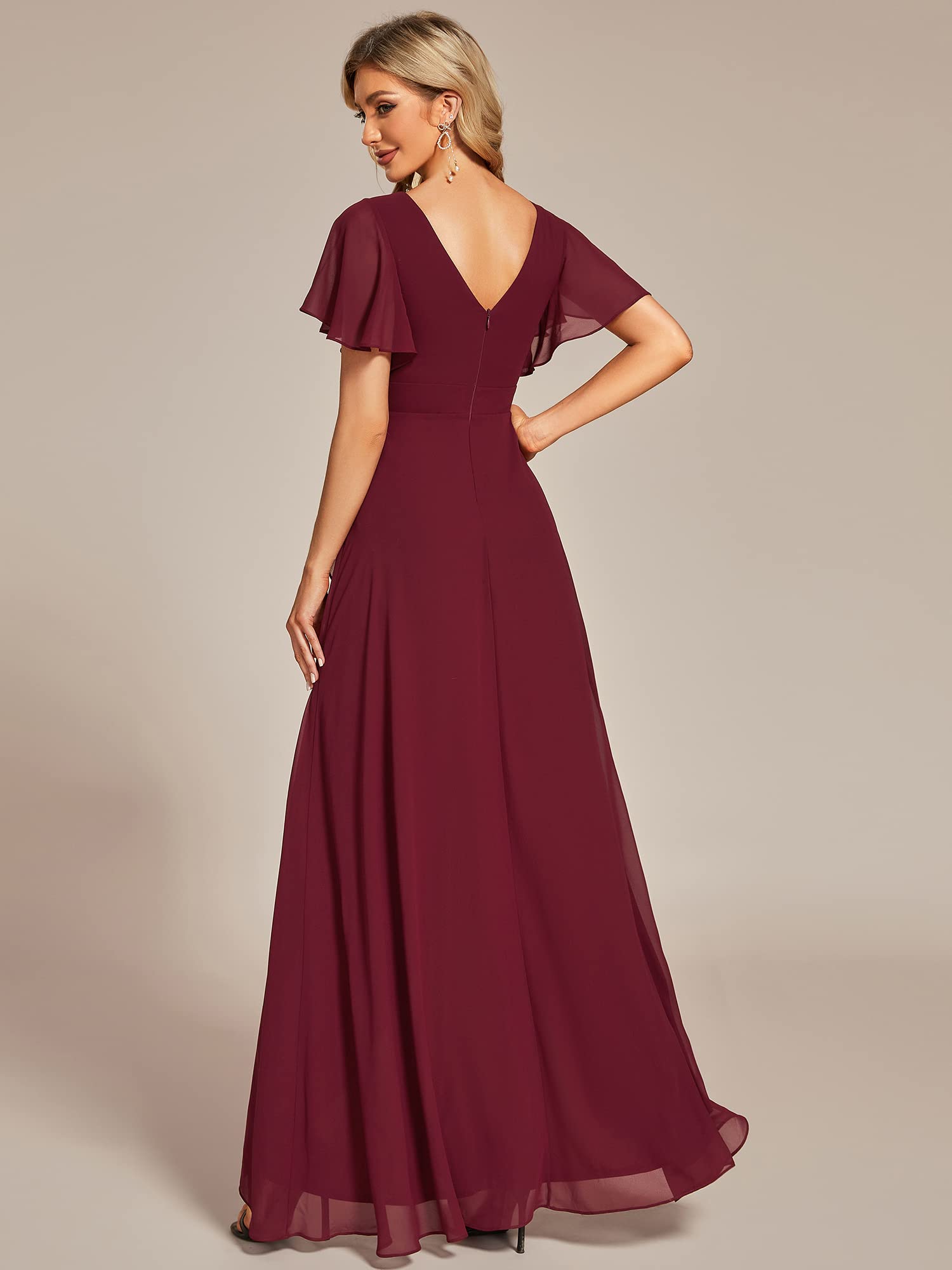 Ever-Pretty Women's Double V Neck A Line Ruffle Hem Backless High Low Chiffon Wedding Guest Dresses Burgundy US14