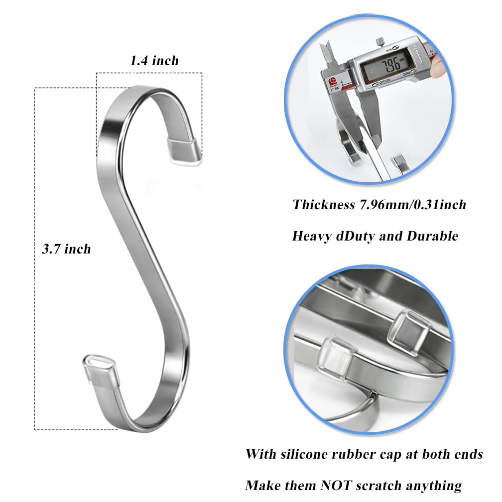 AMZFULY Heavy Duty S Hooks,Stainless Steel S Shaped Hook for Hanging Pots and Kitchenware, Utensils,Clothes, Bags, Cups,Towels, Plants-3.7 inch,8 Pack