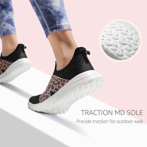 STQ Slip ins Walking Shoes Women Arch Support Slip On Tennis Shoes Comfortable Non Slip Work Shoes for Gym Workout Black Leopard Size 9