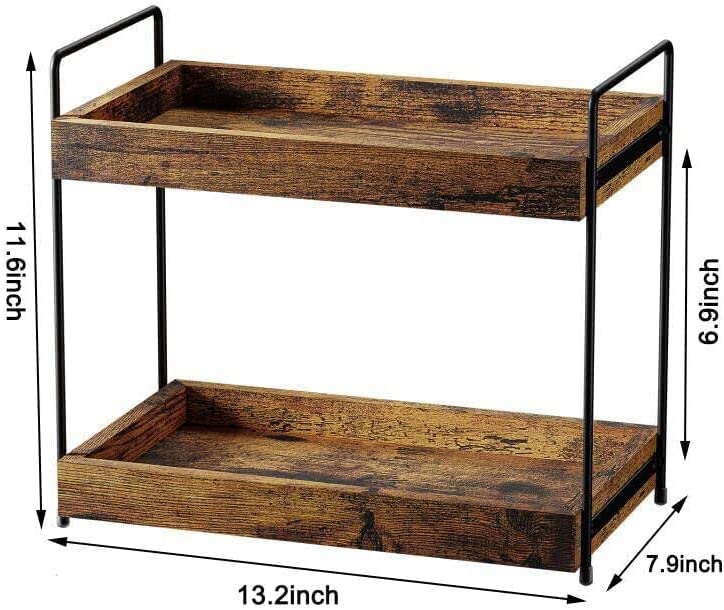 mahueeol 2 Tier Bathroom Counter Organizer Wood Bathroom Storage Shelf Spice Rack for Kitchen Countertop Vanity Tray Makeup Storage Coffee Station Organizer-Rustic Brown