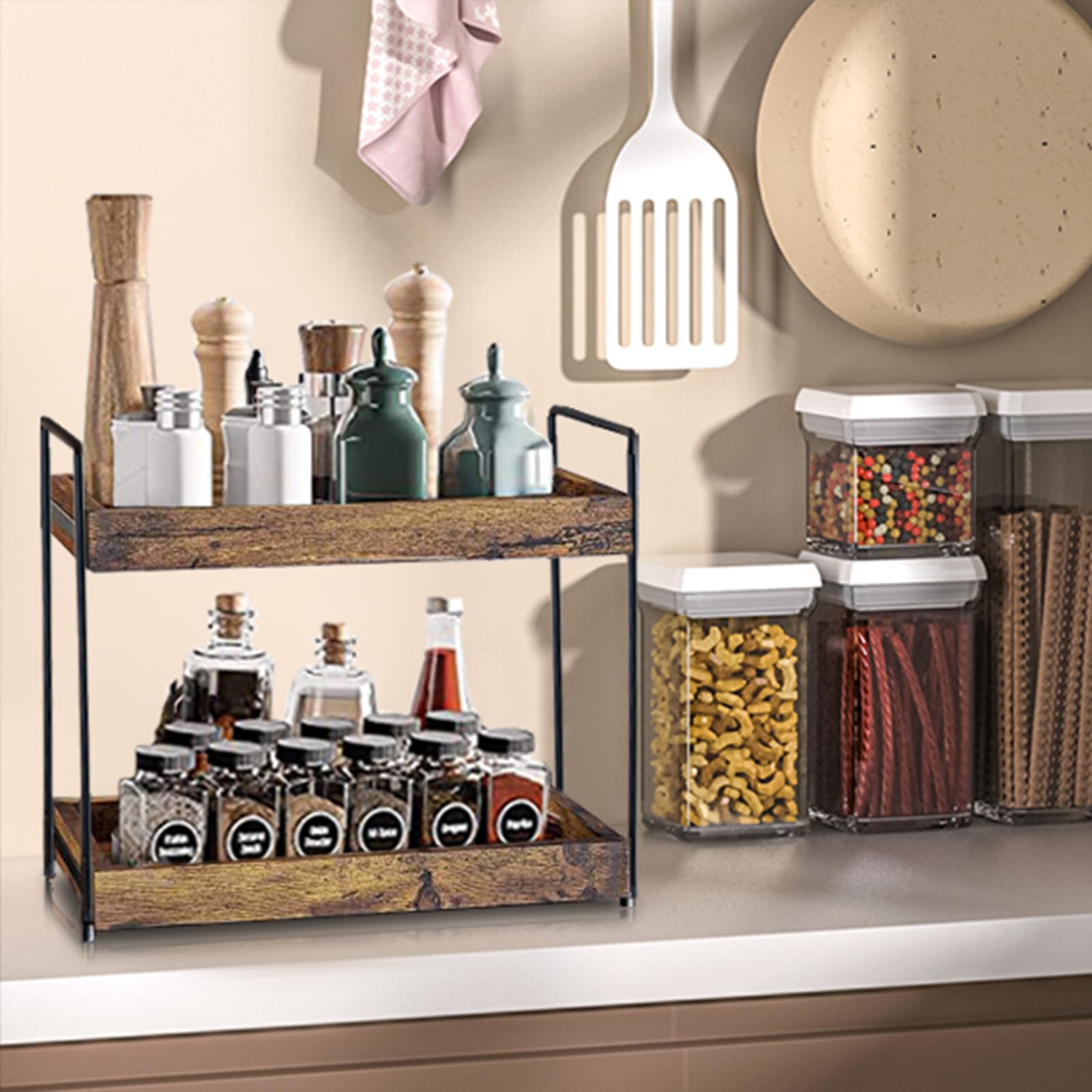 mahueeol 2 Tier Bathroom Counter Organizer Wood Bathroom Storage Shelf Spice Rack for Kitchen Countertop Vanity Tray Makeup Storage Coffee Station Organizer-Rustic Brown