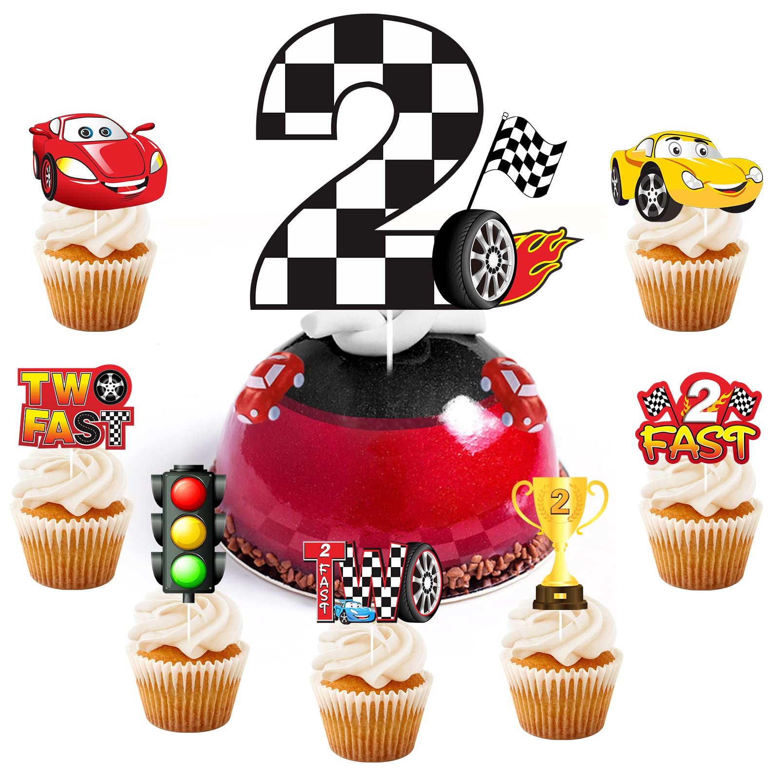 Aodocuto 36pcs Race Car Two Fast Birthday Cake Topper Decorations for Baby Boys, Racing Car Theme 2nd Birthday Cupcake Toppers Party Supplies, 2 Year Old Let’s Go Racing Cupcake Picks Decor