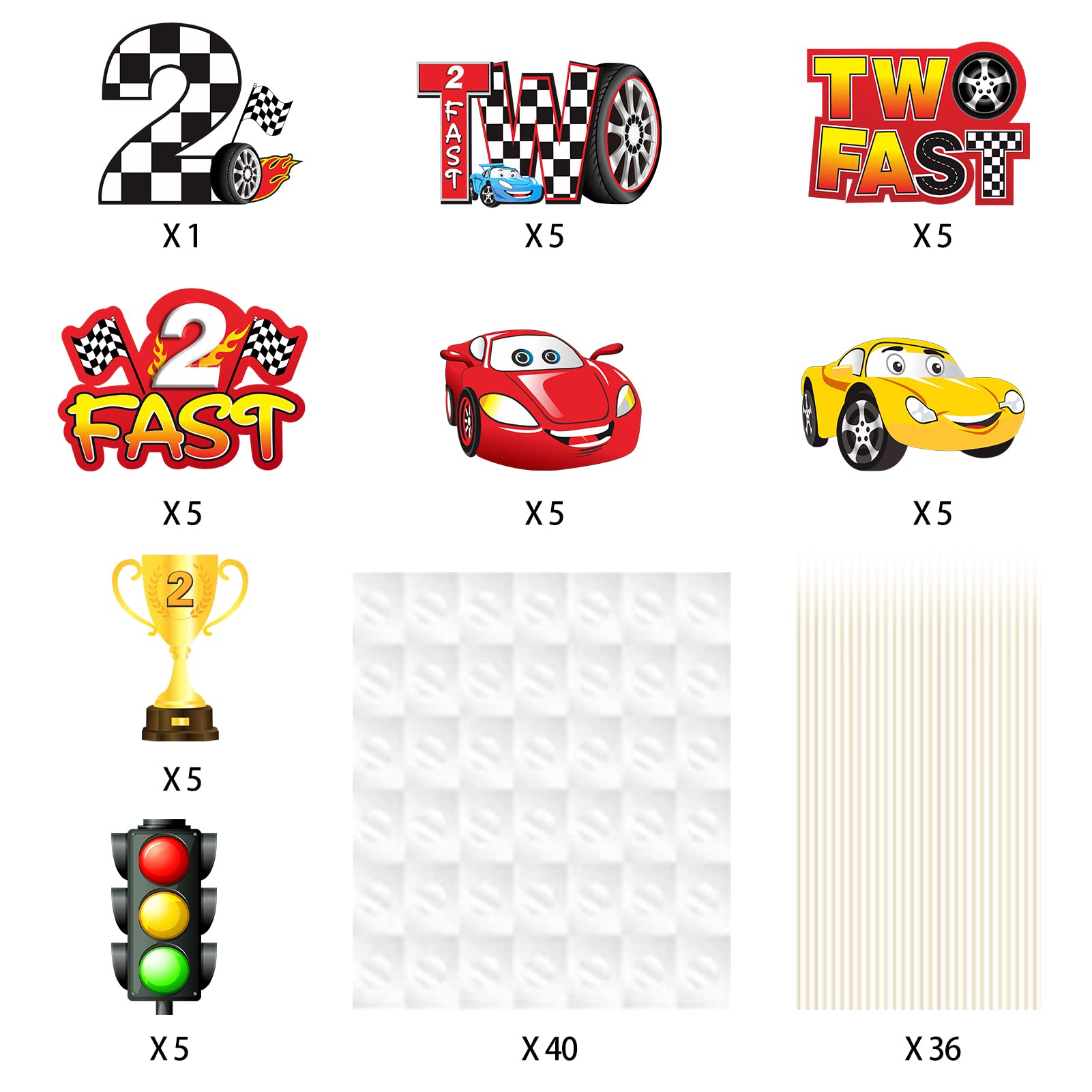 Aodocuto 36pcs Race Car Two Fast Birthday Cake Topper Decorations for Baby Boys, Racing Car Theme 2nd Birthday Cupcake Toppers Party Supplies, 2 Year Old Let’s Go Racing Cupcake Picks Decor