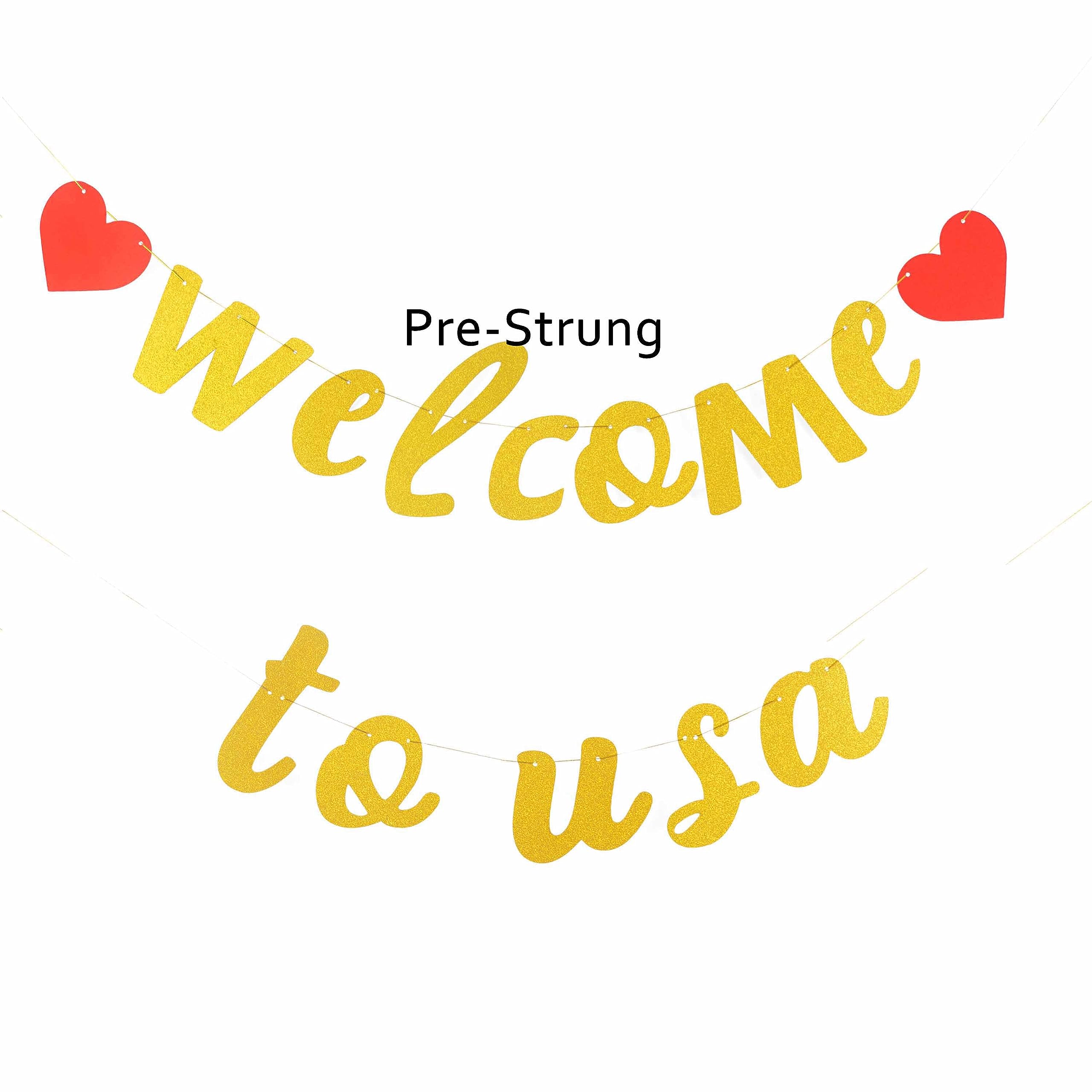 Vrogadso Welcome to USA America Banner Pre-Strung No DIY Rose Gold Glittery Aboard Party Decorations