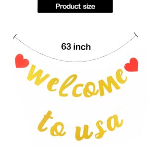 Vrogadso Welcome to USA America Banner Pre-Strung No DIY Rose Gold Glittery Aboard Party Decorations