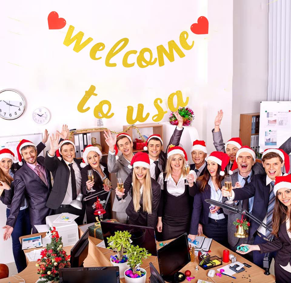 Vrogadso Welcome to USA America Banner Pre-Strung No DIY Rose Gold Glittery Aboard Party Decorations