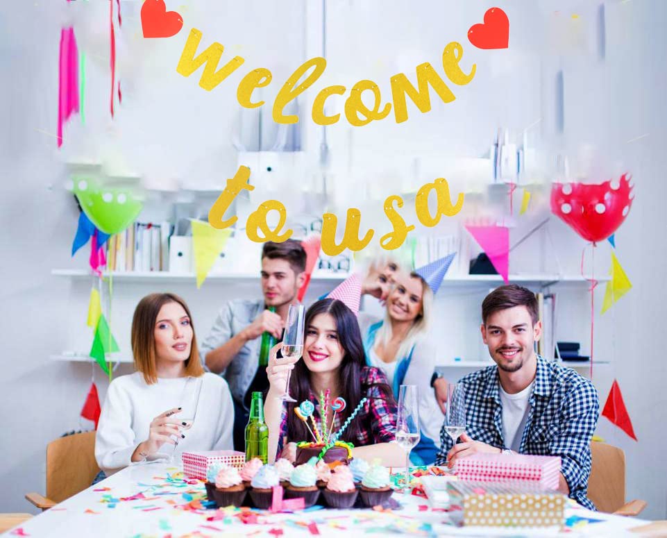 Vrogadso Welcome to USA America Banner Pre-Strung No DIY Rose Gold Glittery Aboard Party Decorations