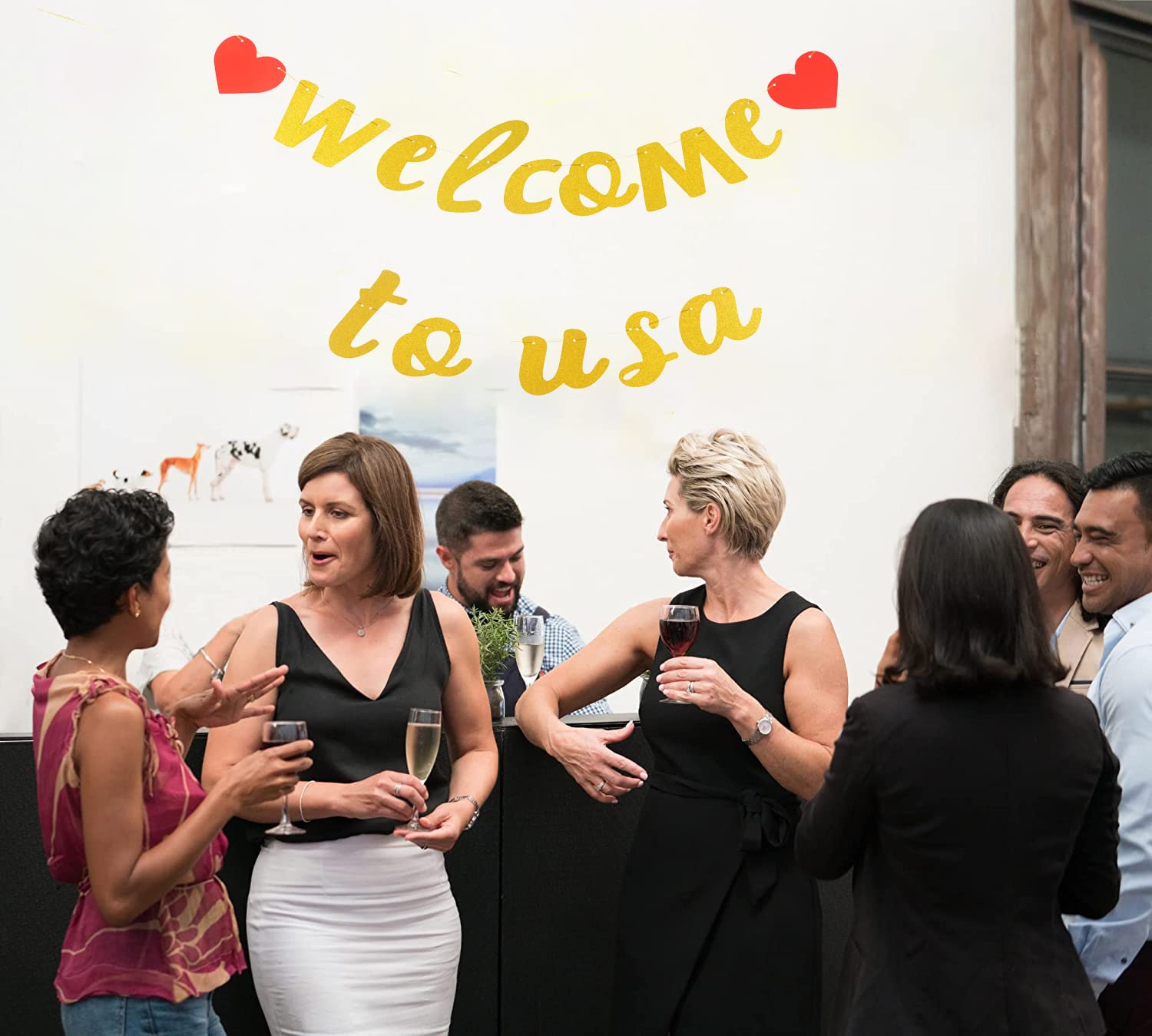 Vrogadso Welcome to USA America Banner Pre-Strung No DIY Rose Gold Glittery Aboard Party Decorations