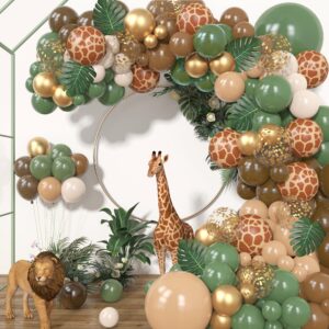 170pcs jungle safari balloons garland kit, safari baby shower decorations sage green brown & animal print balloons palm leaves for woodland themed giraffe wedding two wild one birthday party supplies