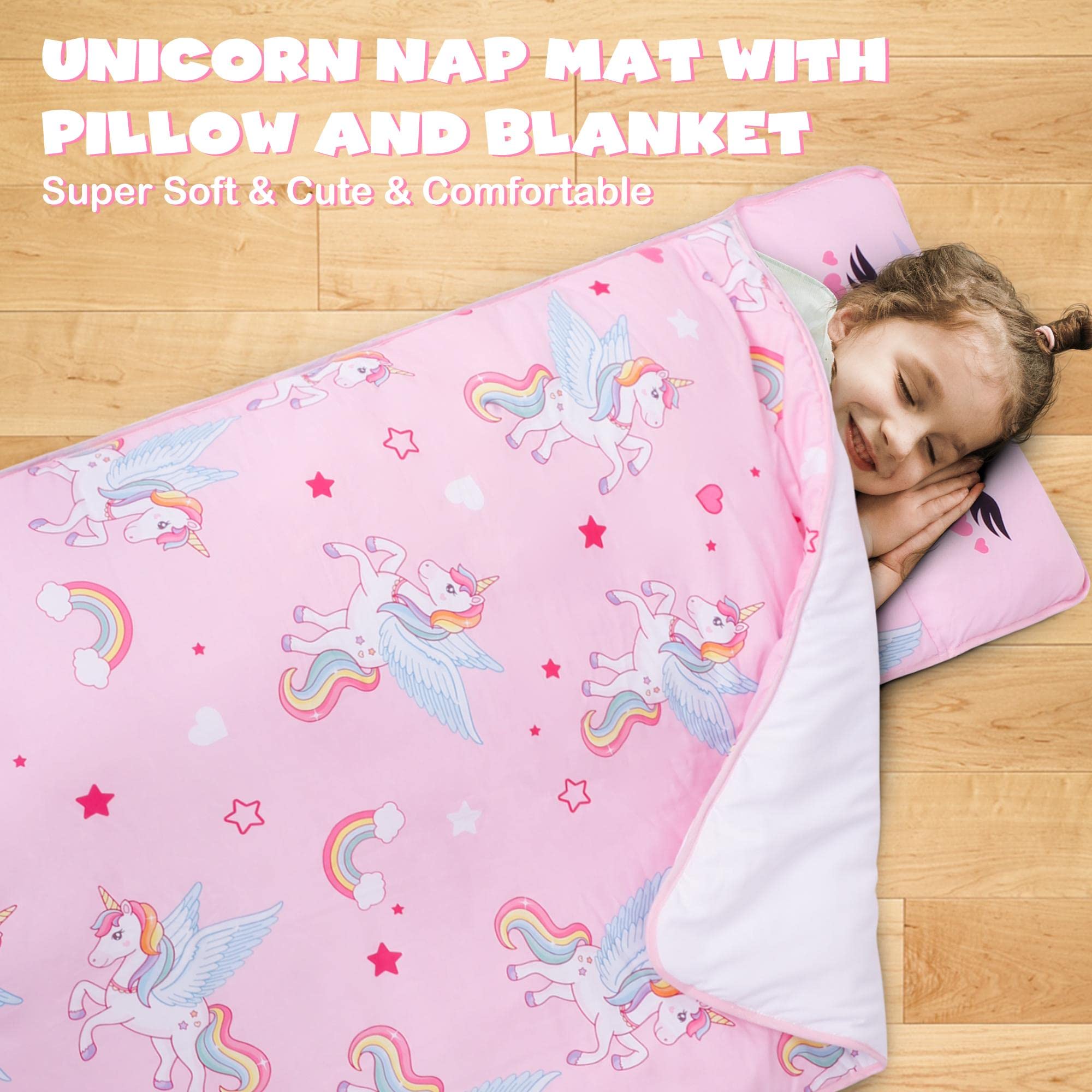 Unicorn Nap Mats for Preschool Daycare Toddler Nap Mat for Girls Daughter Kids Nap Mat with Pillow and Blanket - Christmas Birthday Gifts for Kids Granddaughter Kindergarten Travel Napping,50"x20"