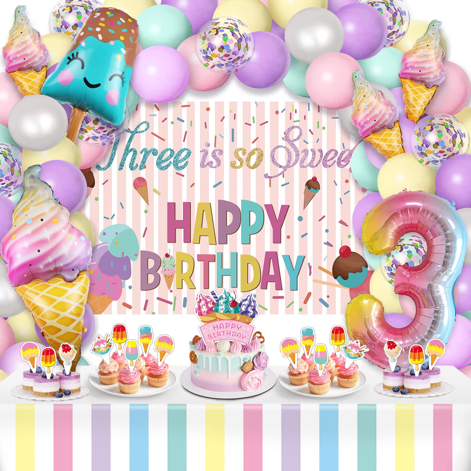 Ice Cream Birthday Party Decorations, Three is So Sweet Ice Cream Balloon Garland with Birthday Backdrop Cupcake Toppers Tablecloth for 3rd Birthday Decorations for Girls Ice Cream Party Decorations