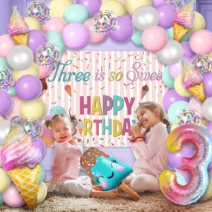 Ice Cream Birthday Party Decorations, Three is So Sweet Ice Cream Balloon Garland with Birthday Backdrop Cupcake Toppers Tablecloth for 3rd Birthday Decorations for Girls Ice Cream Party Decorations