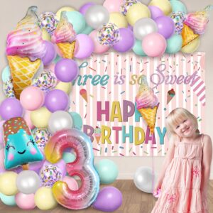 Ice Cream Birthday Party Decorations, Three is So Sweet Ice Cream Balloon Garland with Birthday Backdrop Cupcake Toppers Tablecloth for 3rd Birthday Decorations for Girls Ice Cream Party Decorations