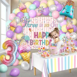 Ice Cream Birthday Party Decorations, Three is So Sweet Ice Cream Balloon Garland with Birthday Backdrop Cupcake Toppers Tablecloth for 3rd Birthday Decorations for Girls Ice Cream Party Decorations