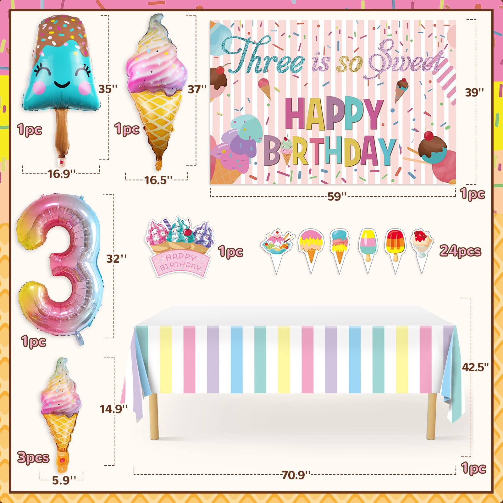 Ice Cream Birthday Party Decorations, Three is So Sweet Ice Cream Balloon Garland with Birthday Backdrop Cupcake Toppers Tablecloth for 3rd Birthday Decorations for Girls Ice Cream Party Decorations