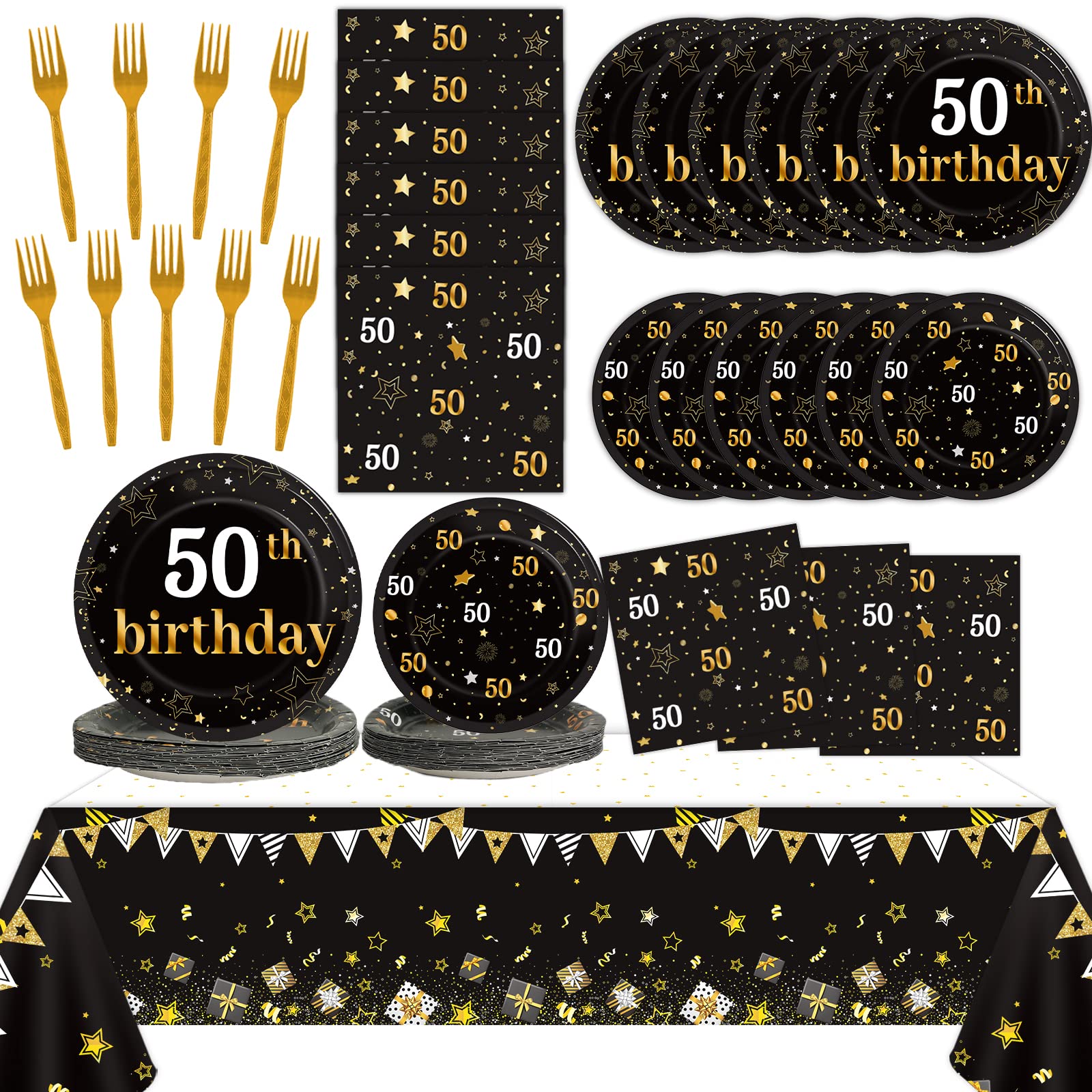 24 Guests 50th Birthday Party Supplies Plates Napkins Tablecloths for Men 50 Years Old Birthday Decorations Black Gold Cheers to 50 Disposable Tableware Set Man Women Birthday Party Decor Favors