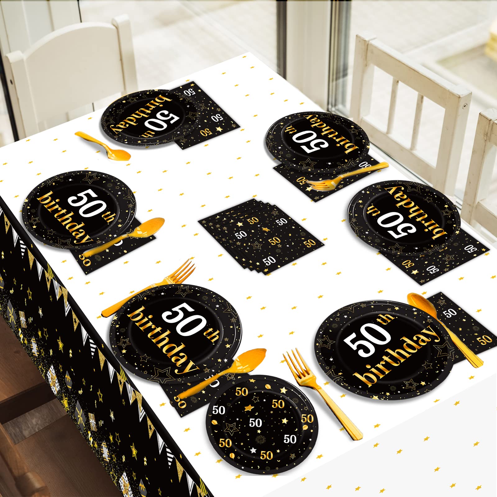 24 Guests 50th Birthday Party Supplies Plates Napkins Tablecloths for Men 50 Years Old Birthday Decorations Black Gold Cheers to 50 Disposable Tableware Set Man Women Birthday Party Decor Favors