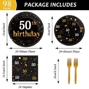 24 Guests 50th Birthday Party Supplies Plates Napkins Tablecloths for Men 50 Years Old Birthday Decorations Black Gold Cheers to 50 Disposable Tableware Set Man Women Birthday Party Decor Favors