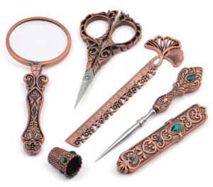 lokunn vintage european style scissors, exquisite embroidery scissors kit, complete vintage sewing tools for embroidery sewing cross stitch handicrafts diy (red copper)