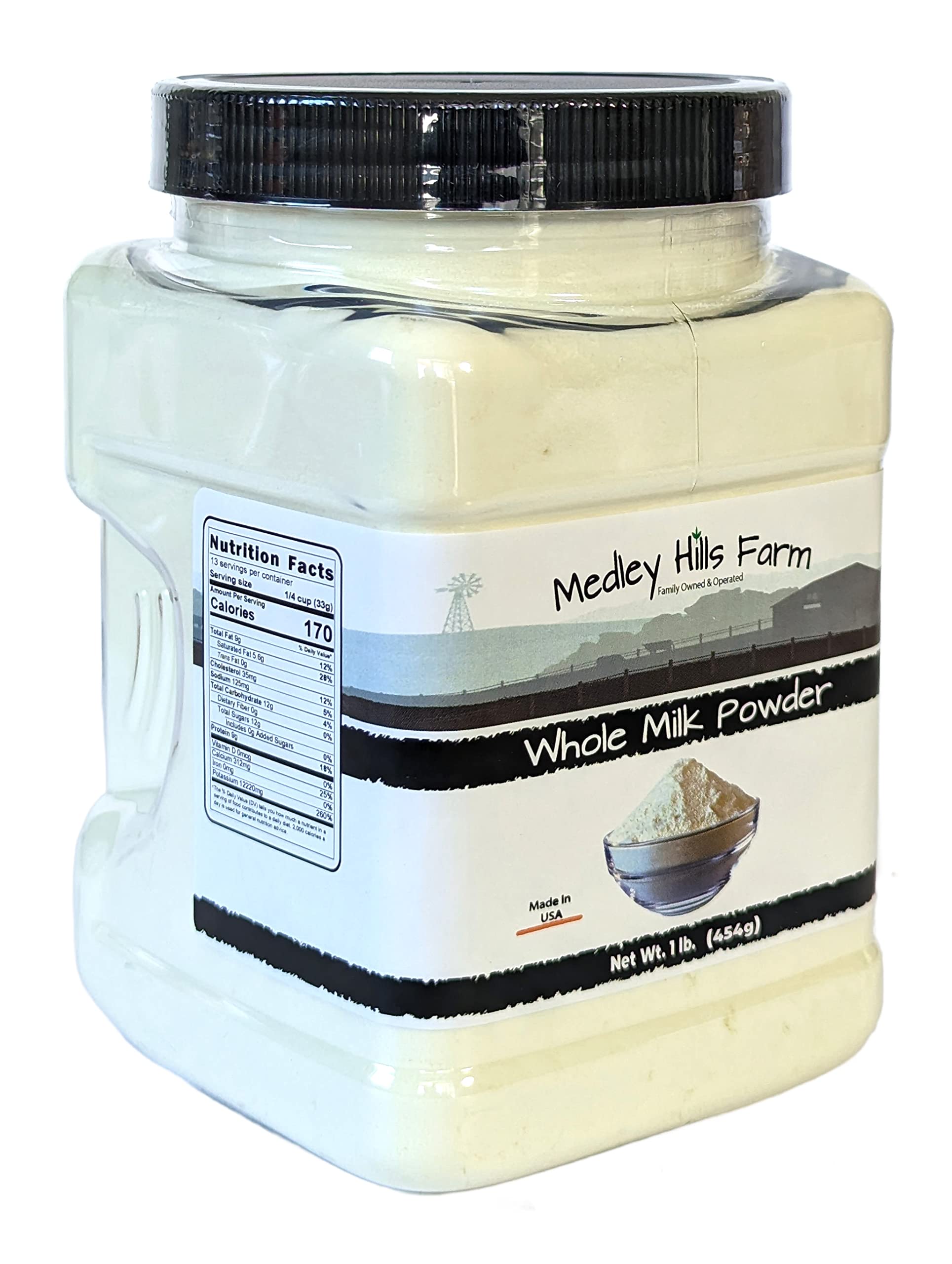 Whole milk powder By Medley Hills Farm in Reusable Container 1 lb. - Great dry milk powder for baking - whole powdered milk - Product of USA