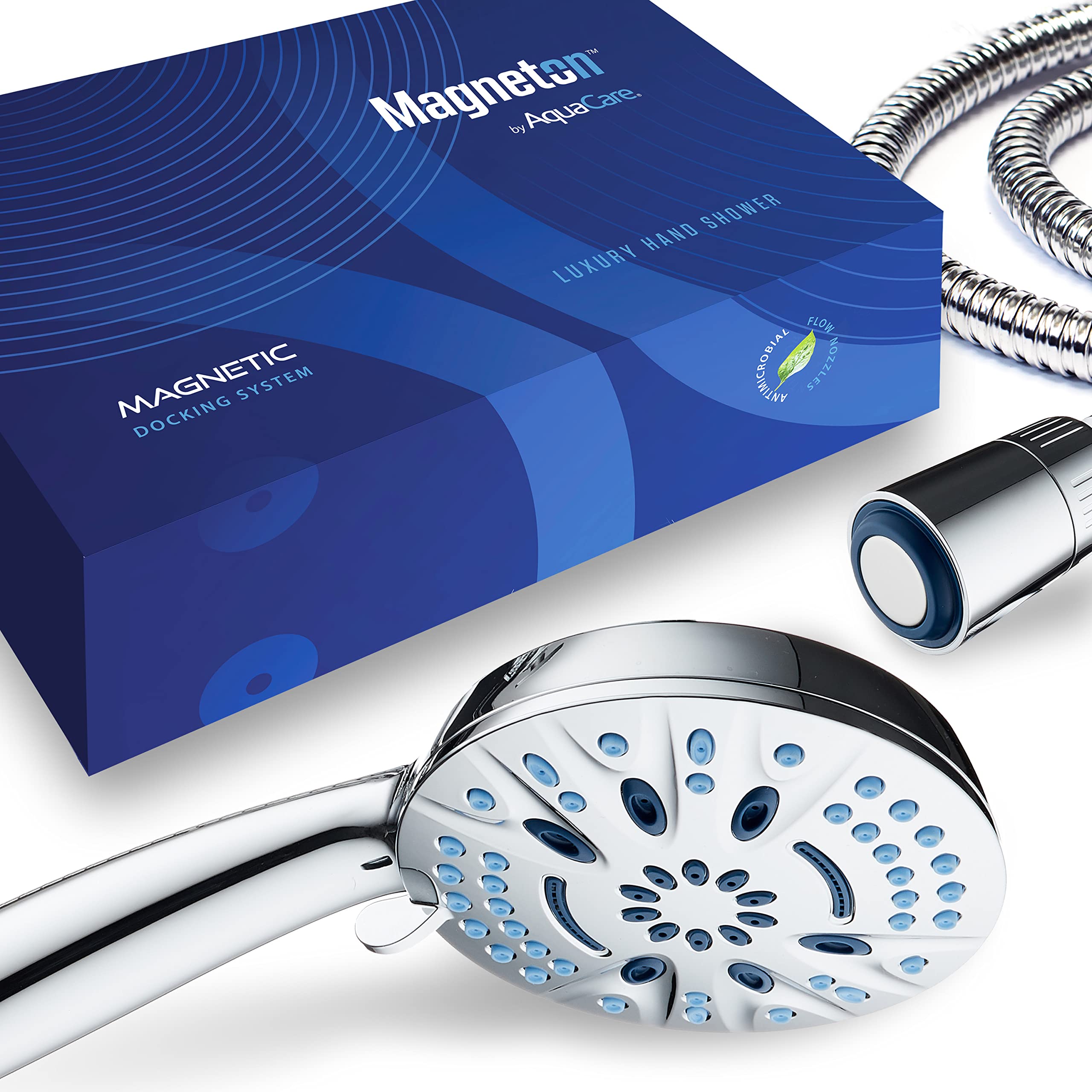 Magneton by AquaCare High-Pressure 8-mode Handheld Shower Head with Magnetic Guidance Docking System - 2 Magnetic Brackets, 5 inch Face, Hygienic Jets, 6 ft. Stainless Steel Hose/All Chrome Finish