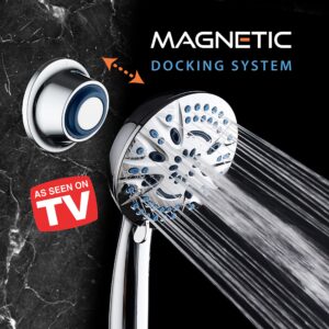 Magneton by AquaCare High-Pressure 8-mode Handheld Shower Head with Magnetic Guidance Docking System - 2 Magnetic Brackets, 5 inch Face, Hygienic Jets, 6 ft. Stainless Steel Hose/All Chrome Finish