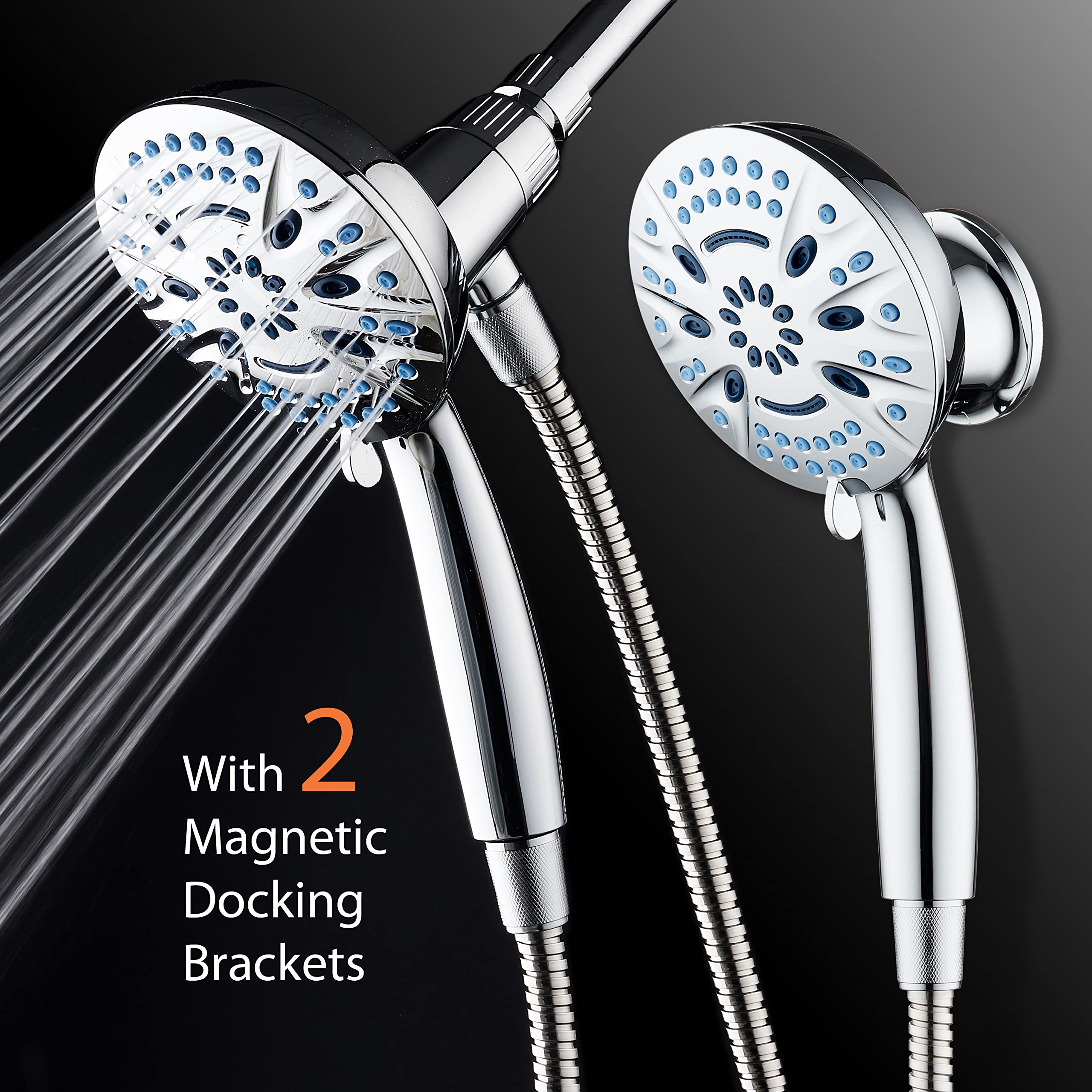 Magneton by AquaCare High-Pressure 8-mode Handheld Shower Head with Magnetic Guidance Docking System - 2 Magnetic Brackets, 5 inch Face, Hygienic Jets, 6 ft. Stainless Steel Hose/All Chrome Finish