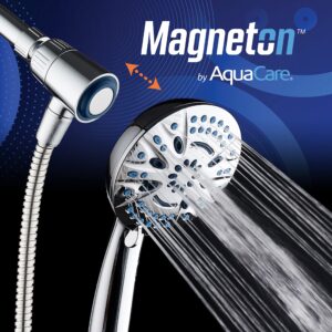 Magneton by AquaCare High-Pressure 8-mode Handheld Shower Head with Magnetic Guidance Docking System - 2 Magnetic Brackets, 5 inch Face, Hygienic Jets, 6 ft. Stainless Steel Hose/All Chrome Finish