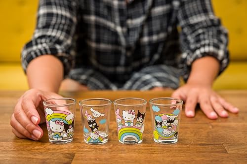 Silver Buffalo Sanrio Hello Kitty and Friends Rainbow Featuring Badtz-Maru, My Melody, Cinnamoroll, Kuromi, Little Twin Stars, Pochacco, Keroppi, Tuxedo Sam, and Chococat 4 Pack Mini Glass Set, 1.5oz