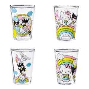 silver buffalo sanrio hello kitty and friends rainbow featuring badtz-maru, my melody, cinnamoroll, kuromi, little twin stars, pochacco, keroppi, tuxedo sam, and chococat 4 pack mini glass set, 1.5oz