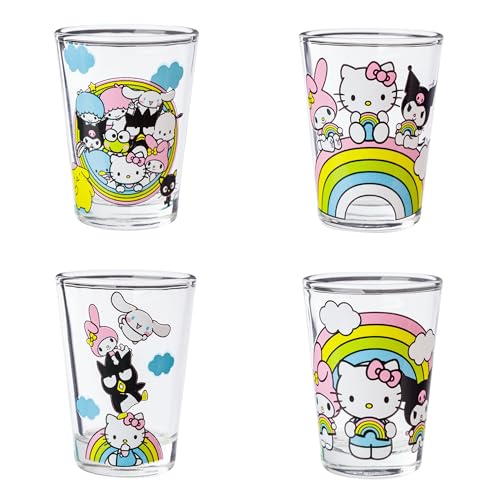 Silver Buffalo Sanrio Hello Kitty and Friends Rainbow Featuring Badtz-Maru, My Melody, Cinnamoroll, Kuromi, Little Twin Stars, Pochacco, Keroppi, Tuxedo Sam, and Chococat 4 Pack Mini Glass Set, 1.5oz