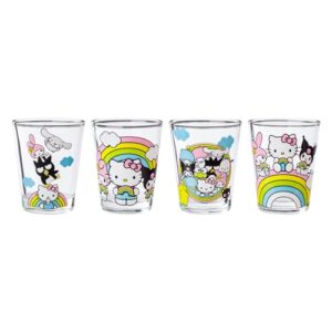 Silver Buffalo Sanrio Hello Kitty and Friends Rainbow Featuring Badtz-Maru, My Melody, Cinnamoroll, Kuromi, Little Twin Stars, Pochacco, Keroppi, Tuxedo Sam, and Chococat 4 Pack Mini Glass Set, 1.5oz