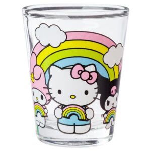 Silver Buffalo Sanrio Hello Kitty and Friends Rainbow Featuring Badtz-Maru, My Melody, Cinnamoroll, Kuromi, Little Twin Stars, Pochacco, Keroppi, Tuxedo Sam, and Chococat 4 Pack Mini Glass Set, 1.5oz