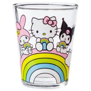 Silver Buffalo Sanrio Hello Kitty and Friends Rainbow Featuring Badtz-Maru, My Melody, Cinnamoroll, Kuromi, Little Twin Stars, Pochacco, Keroppi, Tuxedo Sam, and Chococat 4 Pack Mini Glass Set, 1.5oz