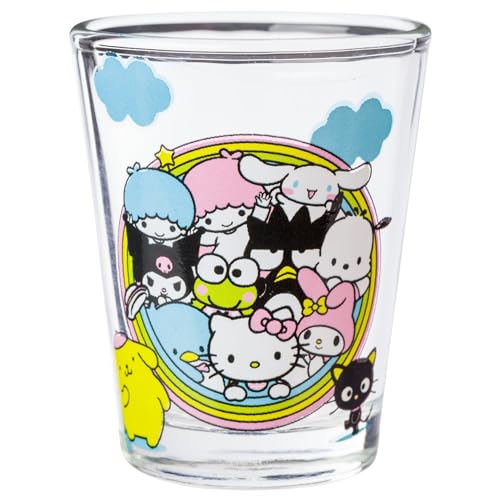 Silver Buffalo Sanrio Hello Kitty and Friends Rainbow Featuring Badtz-Maru, My Melody, Cinnamoroll, Kuromi, Little Twin Stars, Pochacco, Keroppi, Tuxedo Sam, and Chococat 4 Pack Mini Glass Set, 1.5oz