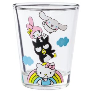 Silver Buffalo Sanrio Hello Kitty and Friends Rainbow Featuring Badtz-Maru, My Melody, Cinnamoroll, Kuromi, Little Twin Stars, Pochacco, Keroppi, Tuxedo Sam, and Chococat 4 Pack Mini Glass Set, 1.5oz