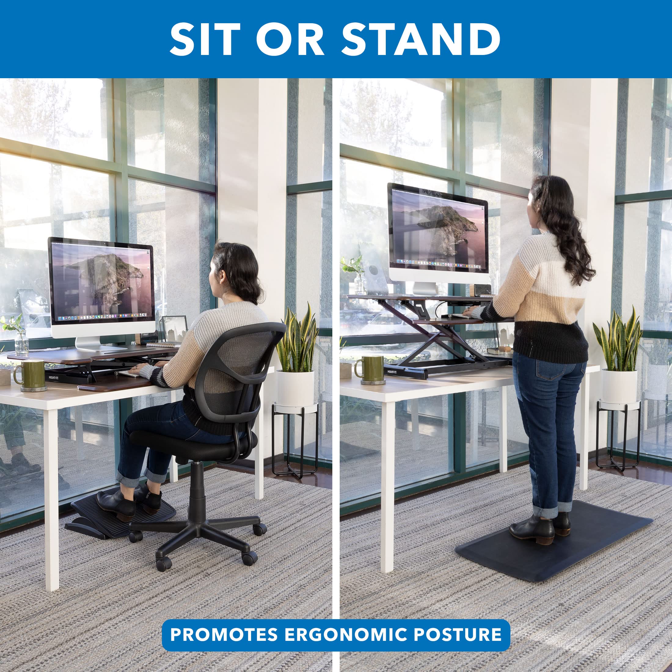 Mount-It! Height Adjustable Desk Converter, 38” Wide Tabletop Standing Desk Riser with Gas Spring Desktop Standing Desk with Keyboard Tray Fits Two Monitors, Dark Walnut