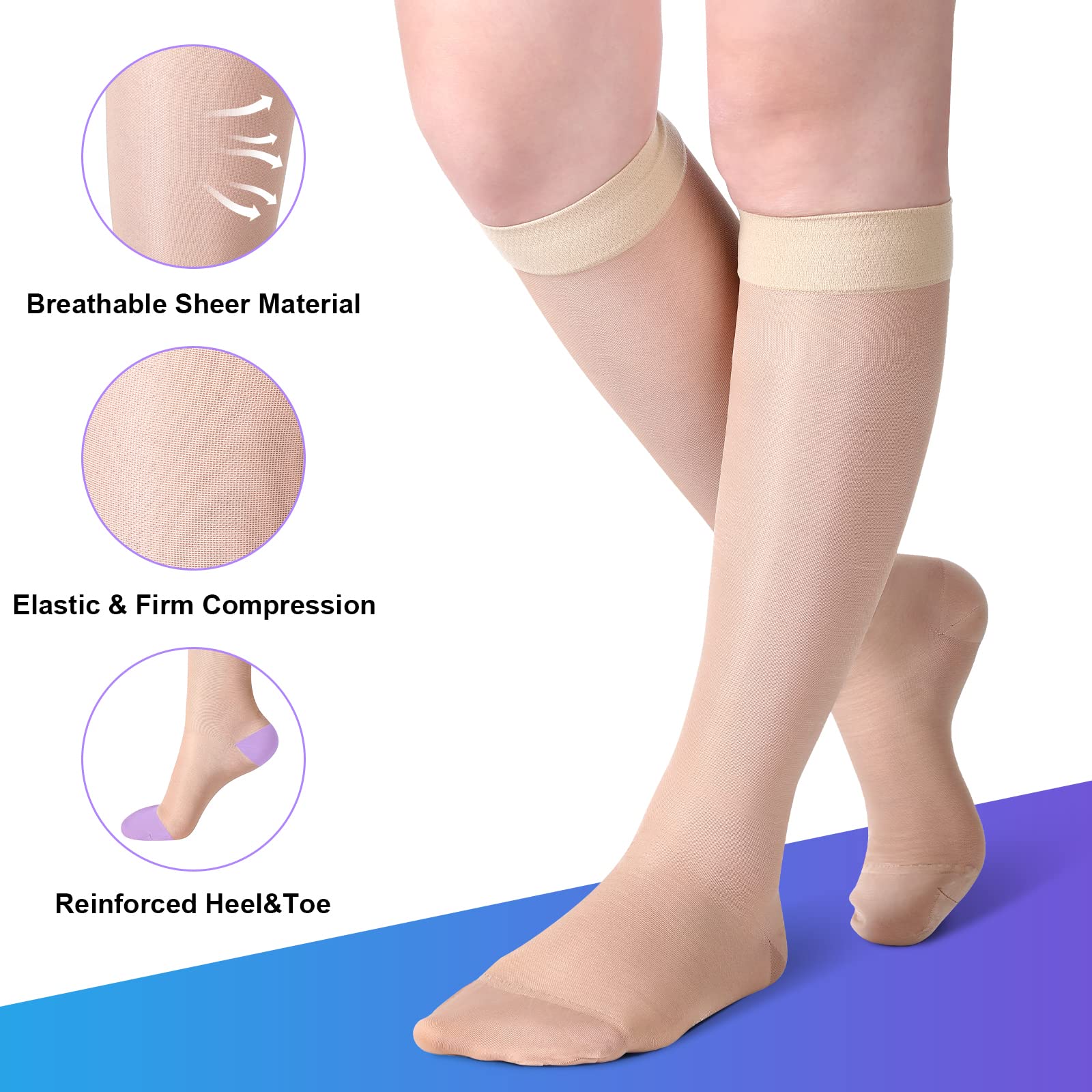 3 Pairs Sheer Compression Socks 20-30 mmHg Sheer Compression Stockings Graduated Compression Socks 20-30 mmHg Knee High Compression Socks for Women Swelling Edema (Nude, X-Large)