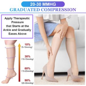 3 Pairs Sheer Compression Socks 20-30 mmHg Sheer Compression Stockings Graduated Compression Socks 20-30 mmHg Knee High Compression Socks for Women Swelling Edema (Nude, X-Large)