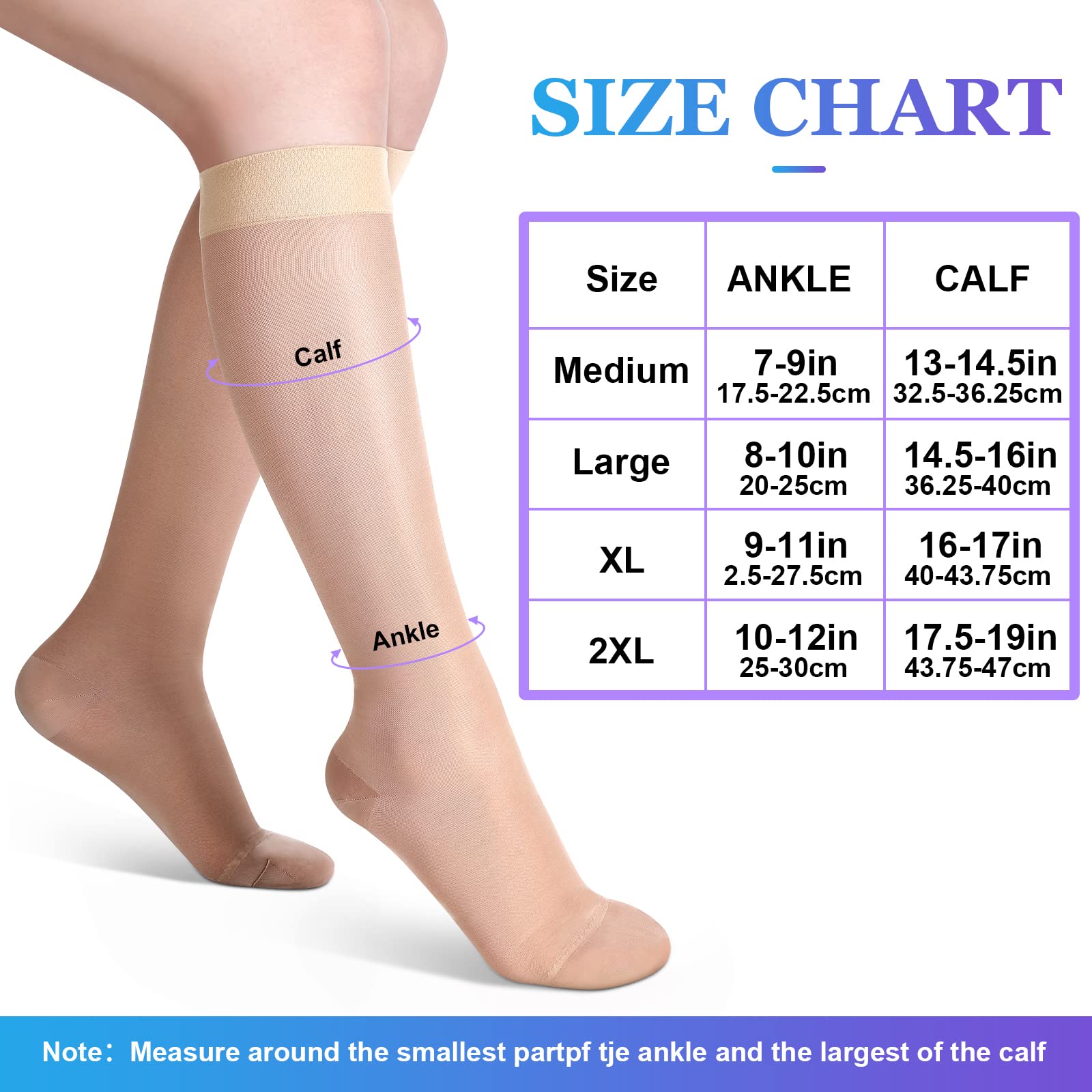 3 Pairs Sheer Compression Socks 20-30 mmHg Sheer Compression Stockings Graduated Compression Socks 20-30 mmHg Knee High Compression Socks for Women Swelling Edema (Nude, X-Large)