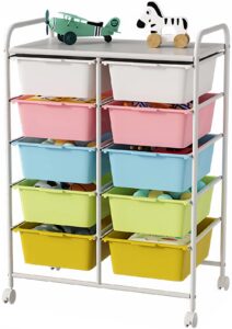 ytaoka 10 drawers rolling storage cart, plastic drawer cart with metal frame, multipurpose art craft cart organizer with wheels, utility cart with drawers for home, office, school, multicolor