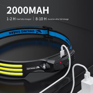 Smiling Shark LED Headlamp, 230°Wide Angle 3*White Light Strips The Brightest Head Lamp Rechargeable with Motion Sensor Waterproof Headlight for Camping Hiking Outdoor, Head-Lamp-LED-Frontale-Light