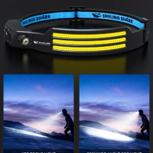 Smiling Shark LED Headlamp, 230°Wide Angle 3*White Light Strips The Brightest Head Lamp Rechargeable with Motion Sensor Waterproof Headlight for Camping Hiking Outdoor, Head-Lamp-LED-Frontale-Light