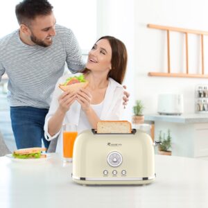 Toaster 2 Slice Retro Toaster Stainless Steel with 6 Bread Shade Settings and Bagel Cancel Defrost Reheat Function, Cute Bread Toaster with Extra Wide Slot and Removable Crumb Tray (Cream)