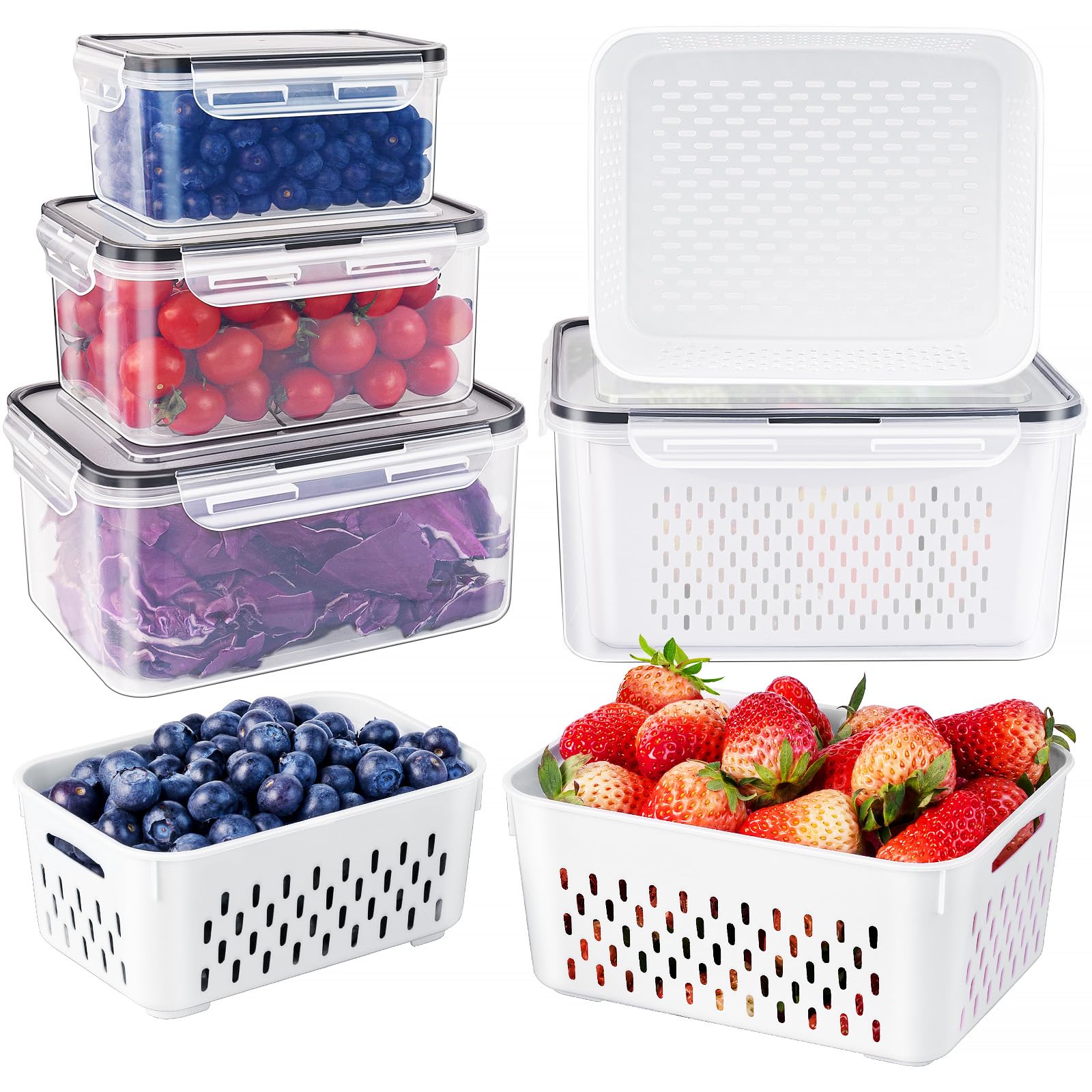 4 PCS Fruit Storage Containers for Fridge with Removable Colander, Airtight Food Storage Container, Dishwasher Safe Produce Saver Container for Refrigerator, Keep Berry Fruit Vegetable Fresh Longer