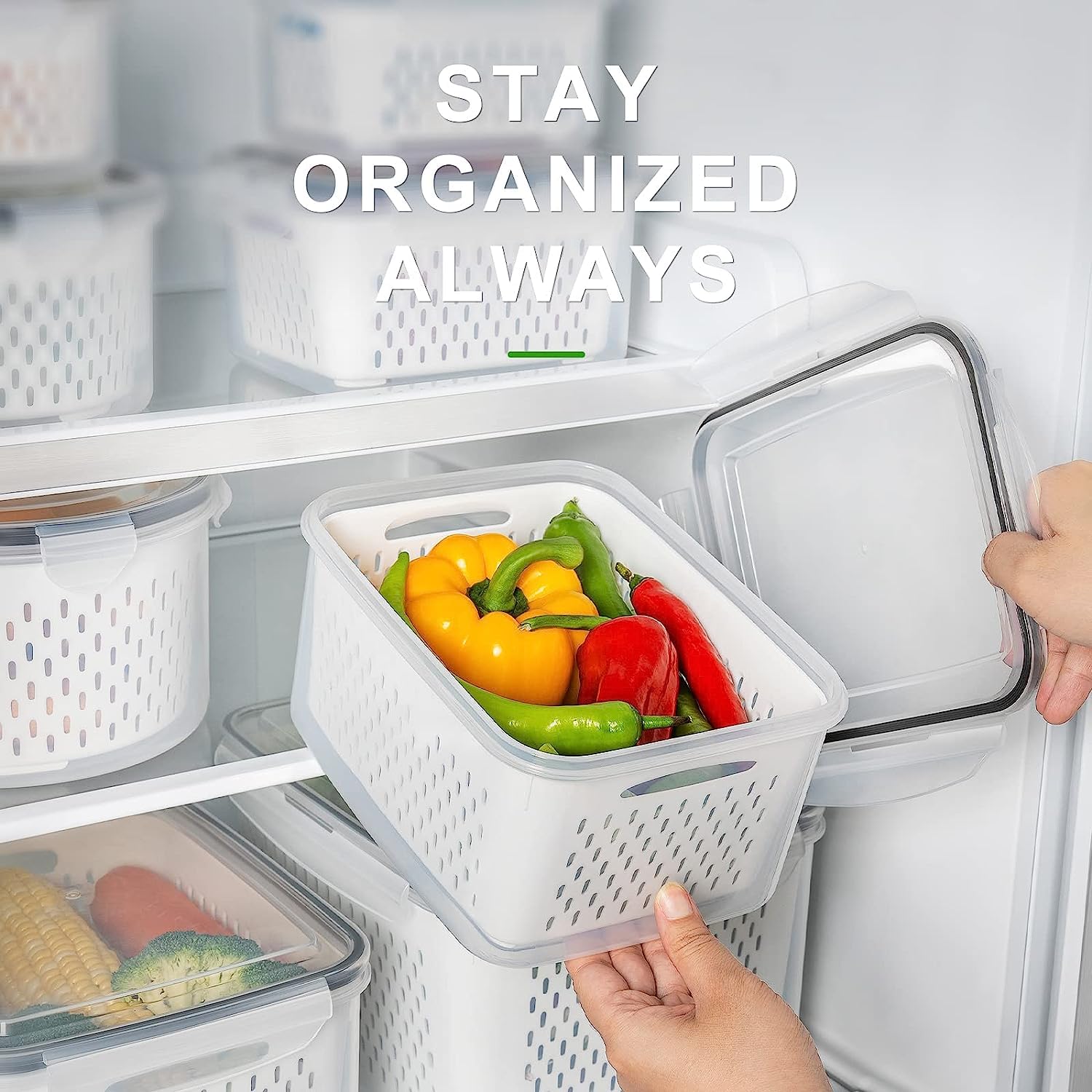 4 PCS Fruit Storage Containers for Fridge with Removable Colander, Airtight Food Storage Container, Dishwasher Safe Produce Saver Container for Refrigerator, Keep Berry Fruit Vegetable Fresh Longer