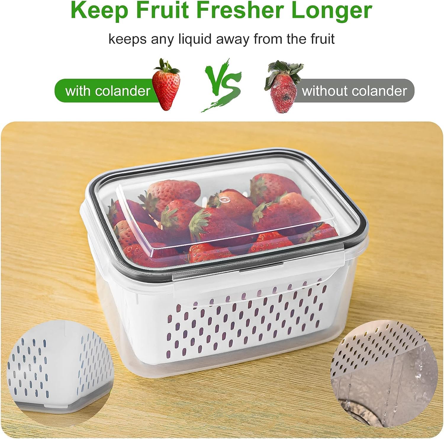 4 PCS Fruit Storage Containers for Fridge with Removable Colander, Airtight Food Storage Container, Dishwasher Safe Produce Saver Container for Refrigerator, Keep Berry Fruit Vegetable Fresh Longer