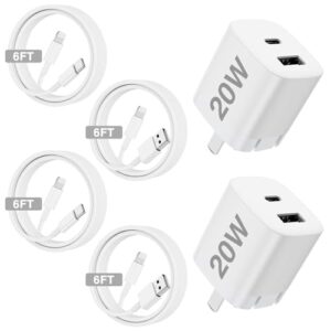 iphone 14 13 foldable dual port fast charger, 2pack 20w charger block with 4pack 6ft lightning cable for iphone 14 13 12 11 pro max/ipad/airpods