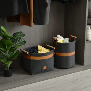 Large Felt Storage Basket with wood handles Perfect for Laundry, Toys, Shoes, Nursery, firewood and Living Room Organization (Round-1pcs)