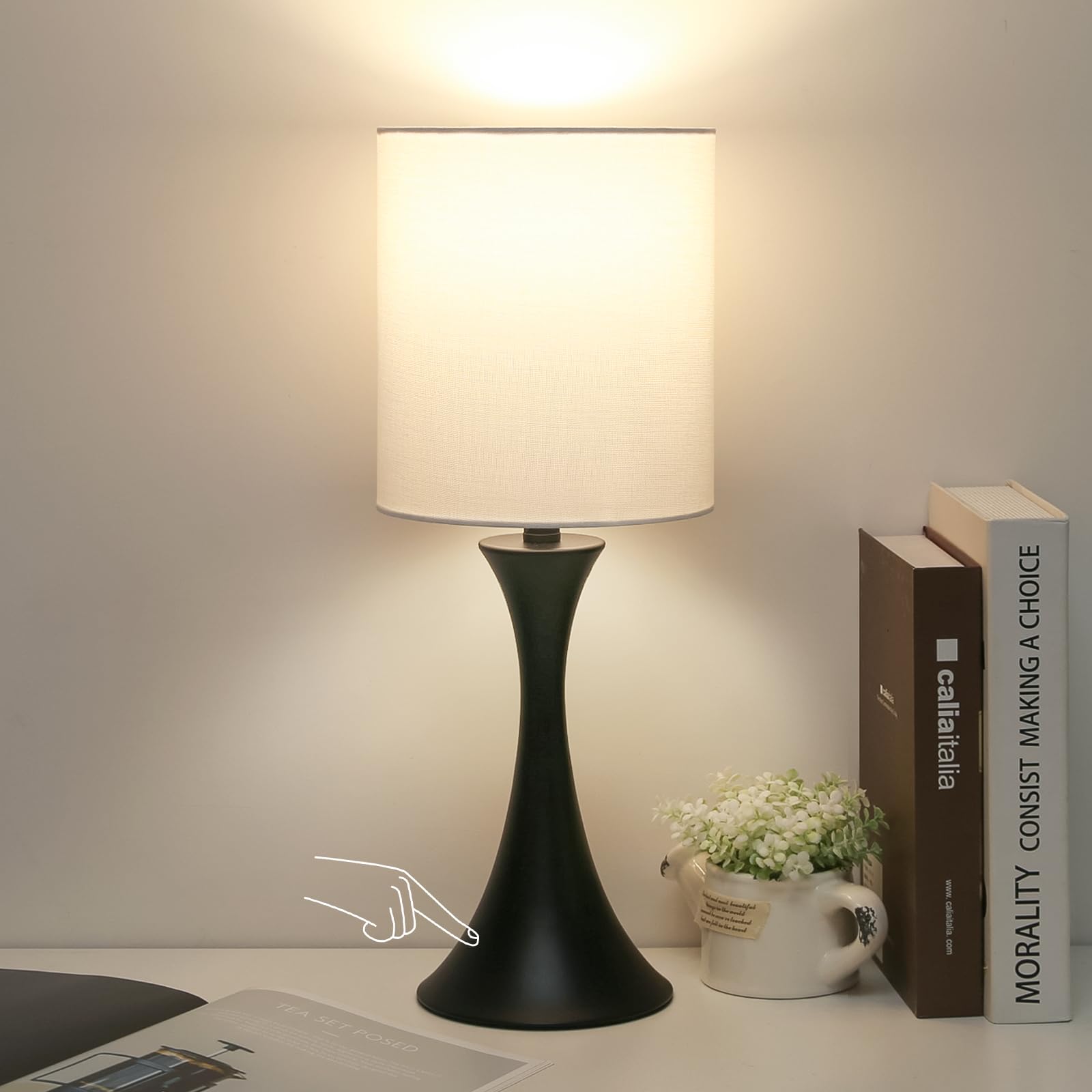 3-Way Dimmable Table Lamp, Touch Control Nightstand Lamp with Ocean Style Fabric Lampshade, Silver Modern Bedside Lamp for Bedrooms Living Room Children Room Nursery Play Room, LED Bulb Included